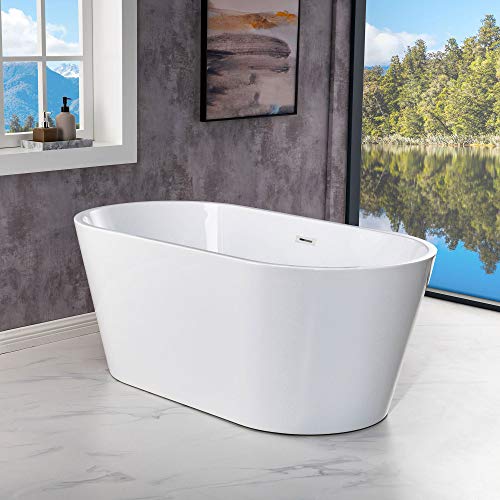 WOODBRIDGE 59" Acrylic Freestanding Bathtub Contemporary Soaking White Tub with Chrome Overflow and Drain,B0014-CH