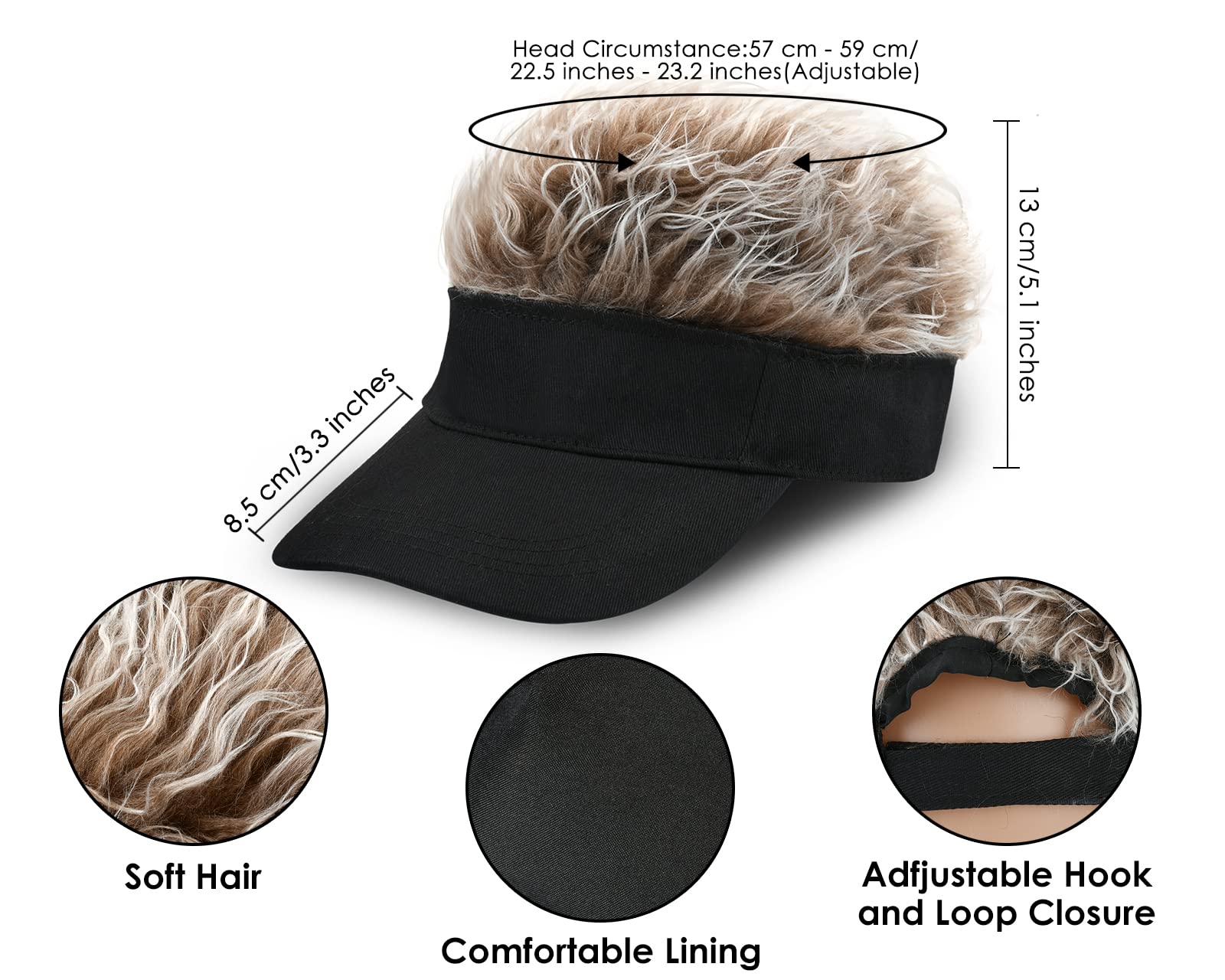 Novelty Visor Cap Adjustable Visor Hat with Spiked Wigs Fake Hair Visor for Adults (Canvas and Polyester, Black and Brown)
