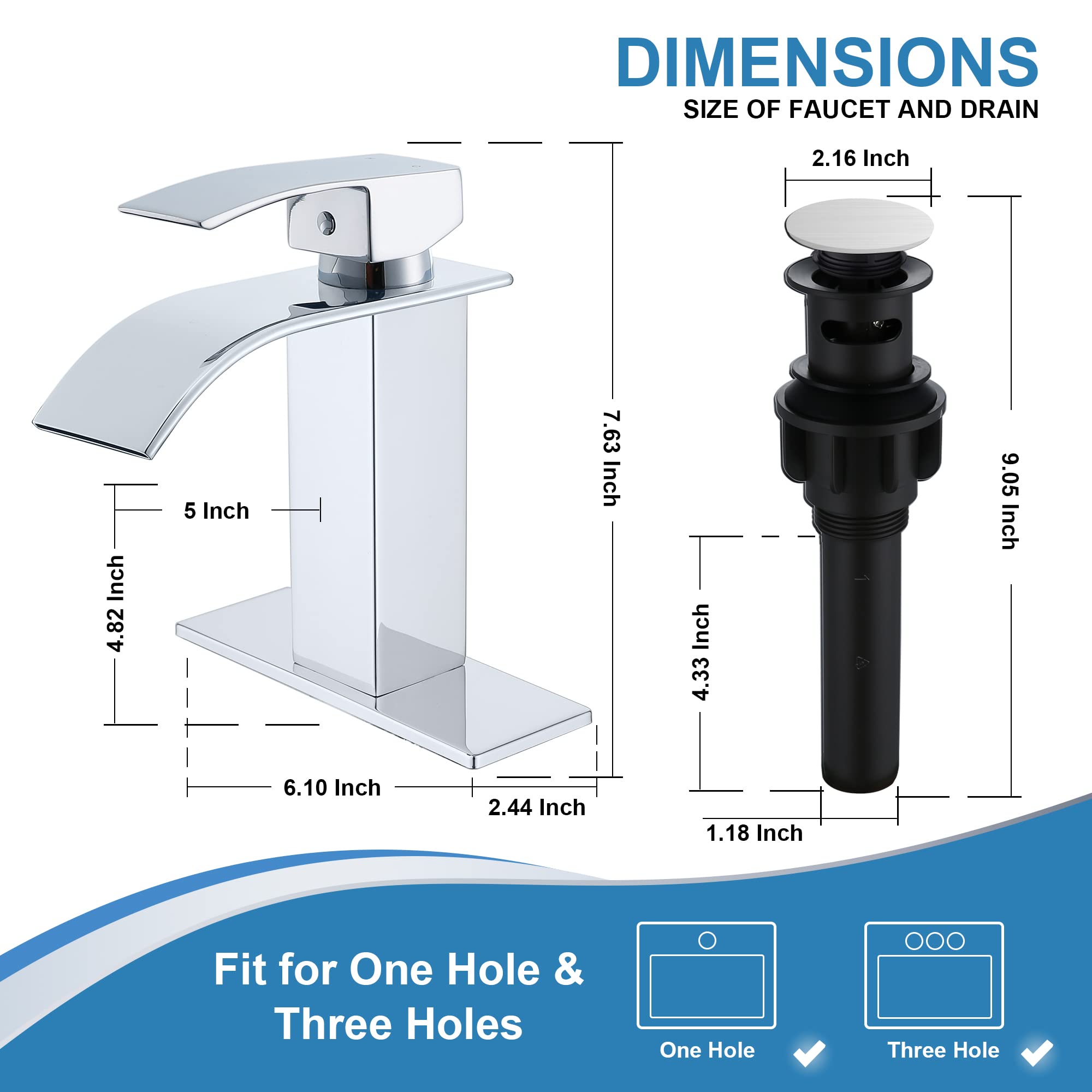 PHICHI Chrome Bathroom Faucet Waterfall Single Handle 1 or 3 Hole Faucet, Commercial Modern Lavatory Tap with Pop-up Drain and Deck Plate