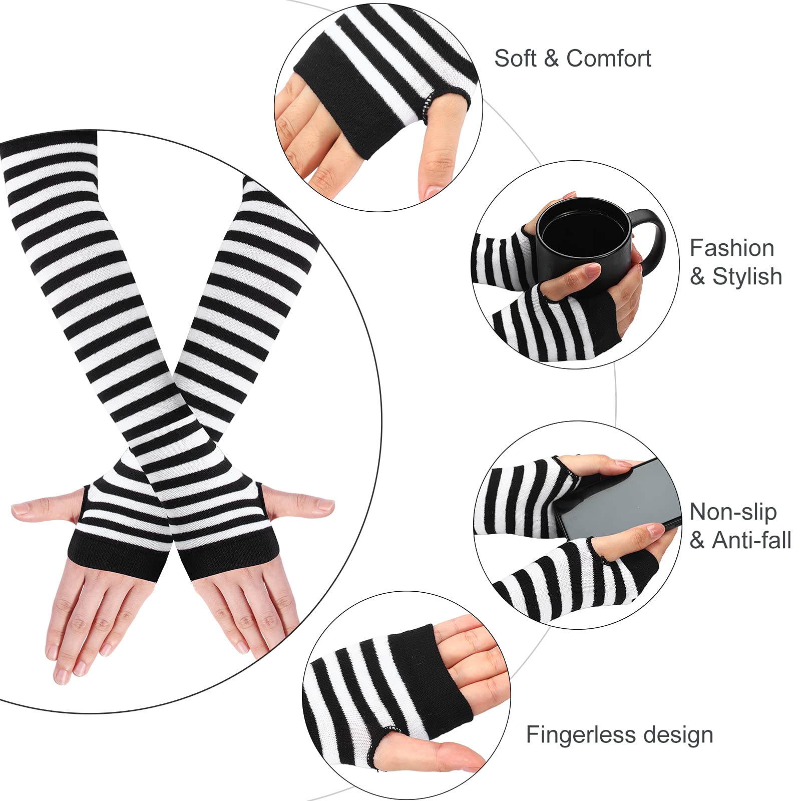 SATINIOR 6 Pairs Long Fingerless Gloves for Women Knit Thigh High Striped Arm Warmer Thumb Hole Stretchy Gloves(Bright Color)