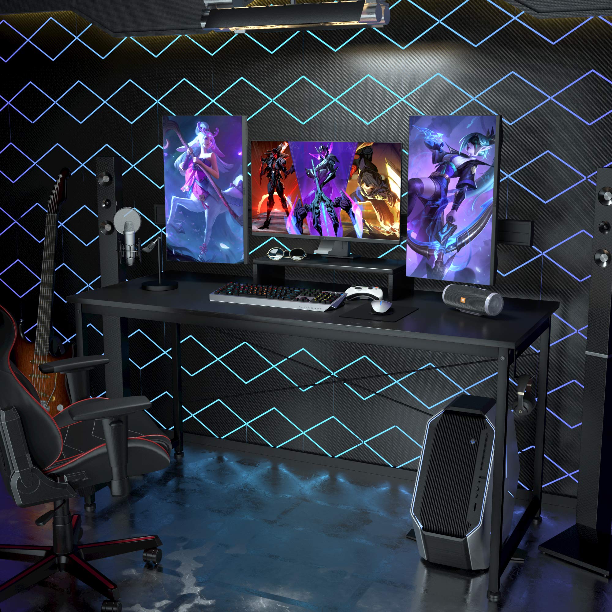 OTK Computer Desk 55" with Movable Monitor Shelf Riser, Sturdy Home Office Desk, Writing Desk, Gaming Desk with Headphone Hook, Computer Work Station, Work Table, Black