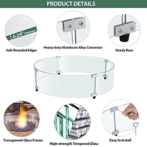 Trigoo Round Fire Pit Wind Guard 24 x 24 x 6 Inch Tempered Glass Frame Fence