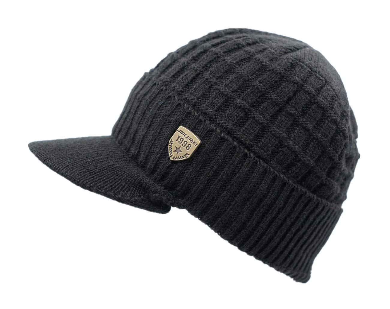 LLmoway Men Women Winter Knit Hat with Visor Warm Cuff Beanie Fleece Lined Snow Ski Skull Cap Black
