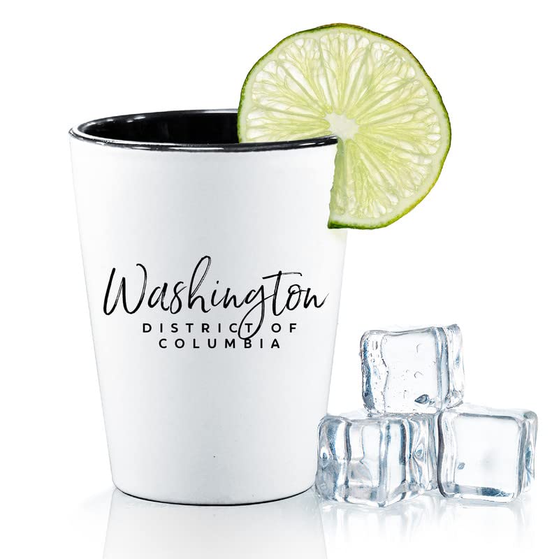 Washington DC Ceramic 1.5 Ounce Souvenir Shot Glass - White With Black Interior - Bachelor & Bachelorette Party Favors - Bridesmaid & Groomsmen Present - District of Columbia Home Town Decoration