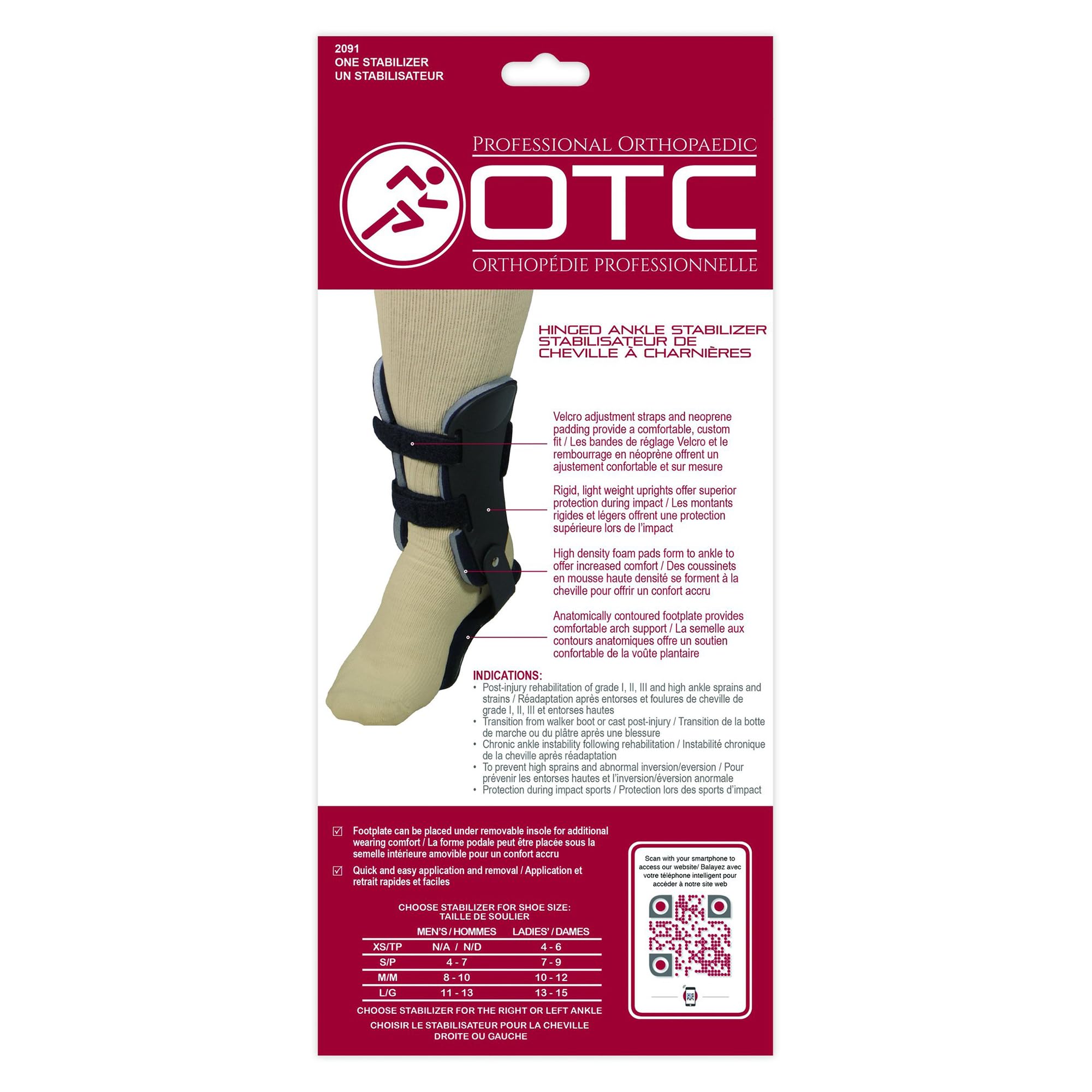 OTC Hinged Ankle Stabilizer, Adjustable Stirrup Brace with Rigid Stays for Sprains and Injuries, Walker Boot Transition, Black, Large