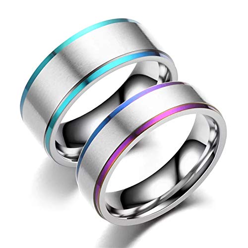 MZZJ Partners in Crime Couple Ring 8MM&6MM Black Brushed 2 Tone Stainless Steel Rainbow Step Edge Wedding Band Engagement Matching Ring for Him Her,Valentine's Day Anniversary Birthday Gift