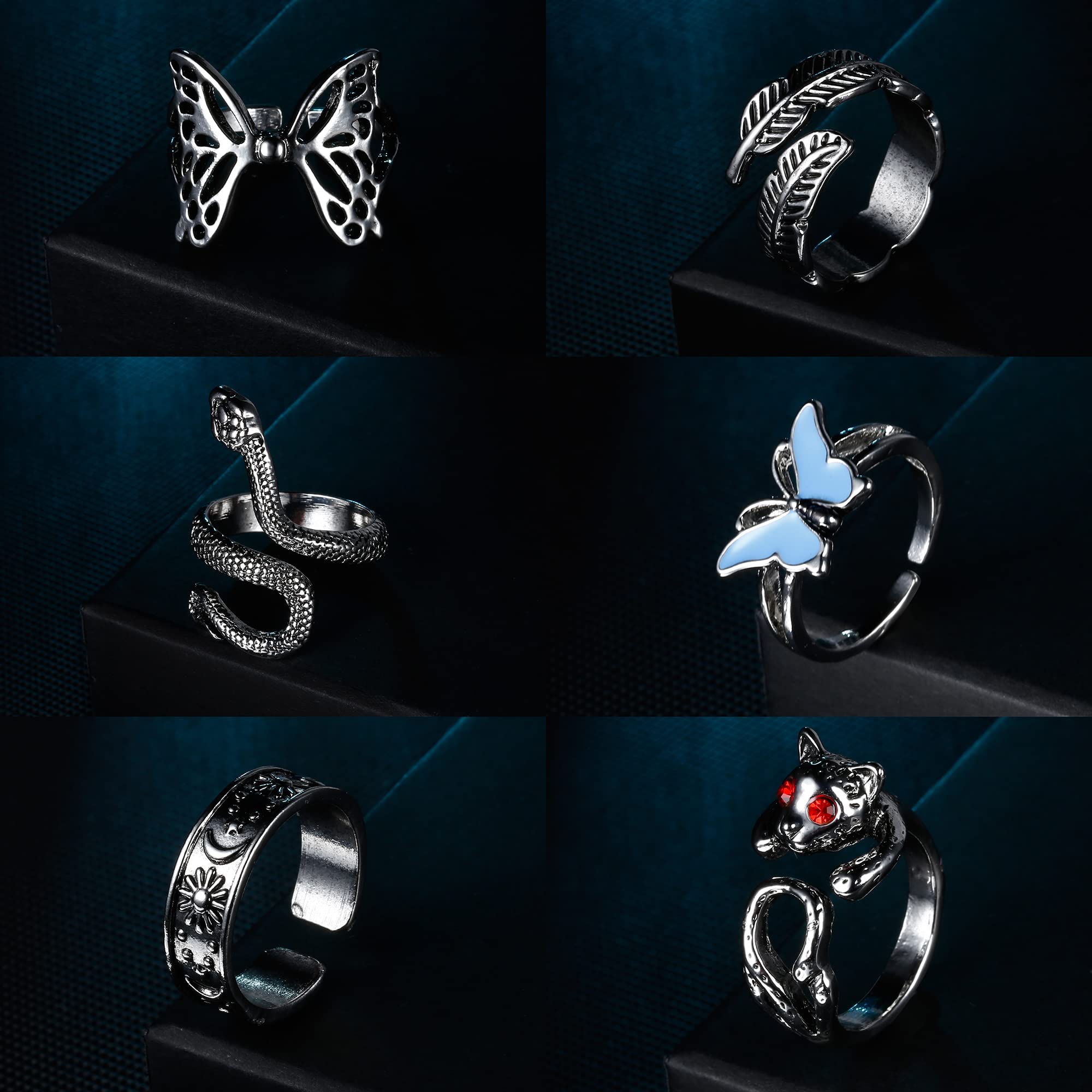 RnBLM JEWELRY 24Pcs Goth Vintage Open Rings for Women Men Adjustable Punk Vintage Snake Frog Butterfly Gothic Stackable Ring Set