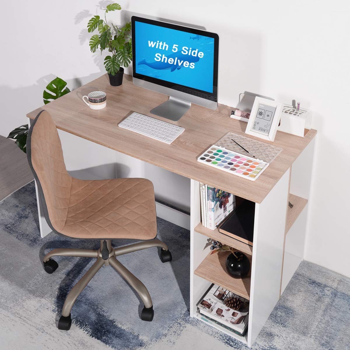 Office Computer Desk 47.2 Inch ps5 Gaming Desk with Drawers Kids Study Writing Desk Organizers with 5 Shelves Students Laptop Table Home Wood Workspace Conference Room Tables, Oak White
