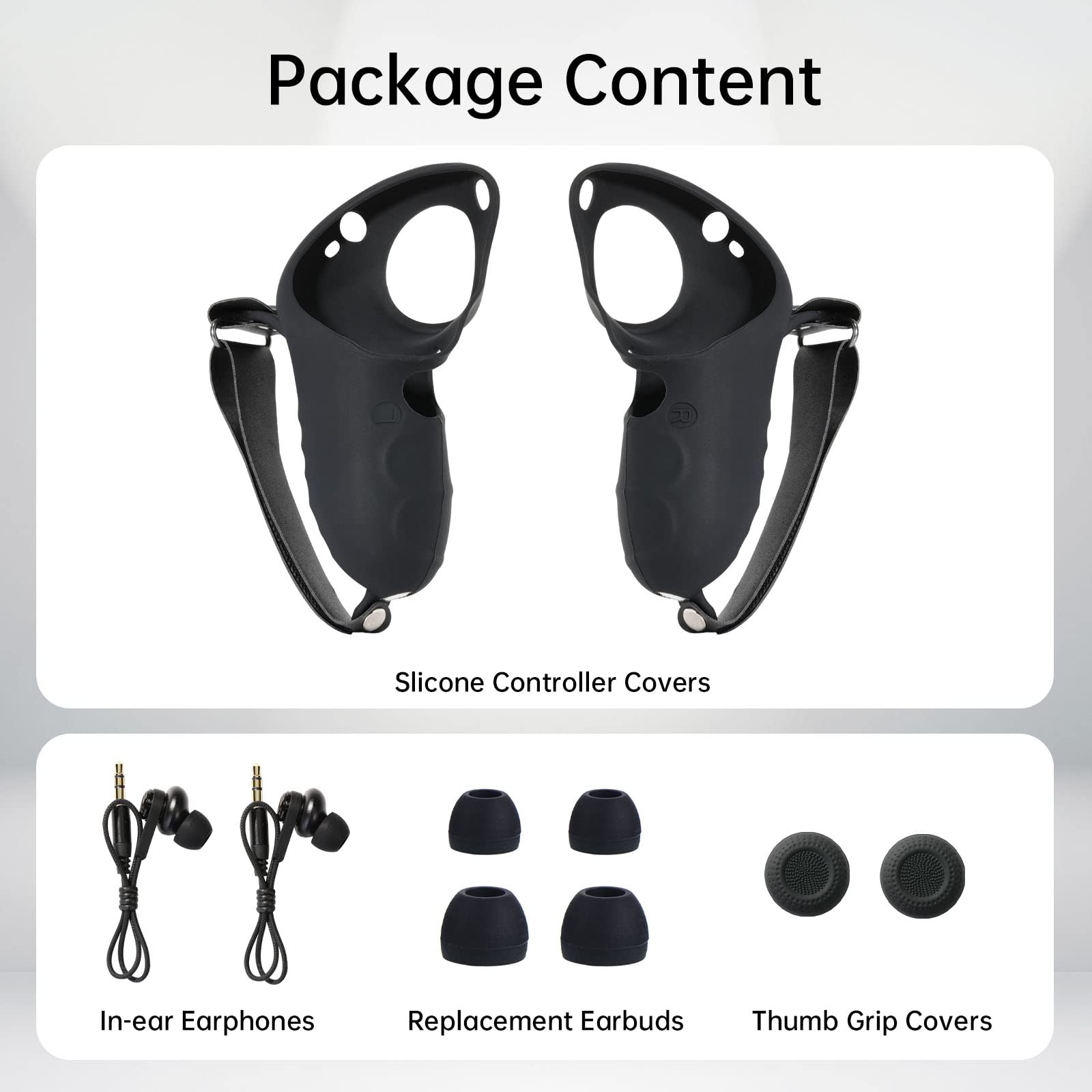 VRbrother Controller Grip Cover Compatible with Meta Quest Pro, Silicone VR Handle Protector Adjustable Wrist Knuckle Strap with VR in-Ear Earphones (Black)