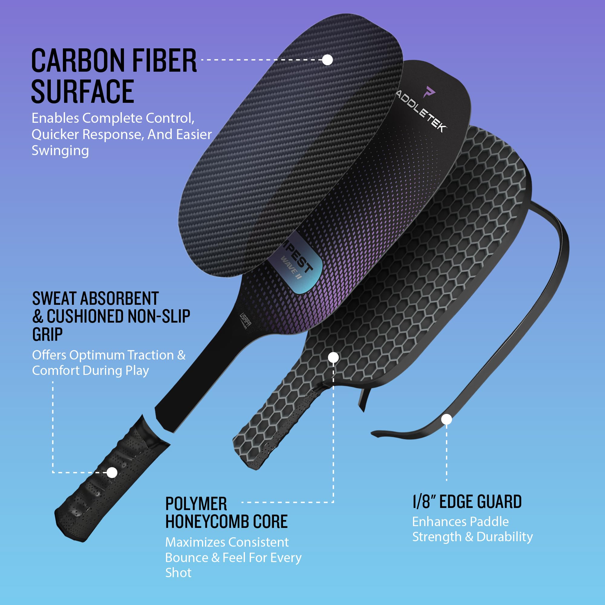 Paddletek Tempest Wave II Pickleball Paddle | Professional Pickleball Paddles with Honeycomb Core, Carbon Fiber Surface, Graphite PolyCore & High Tack Performance Grip | USAPA Approved