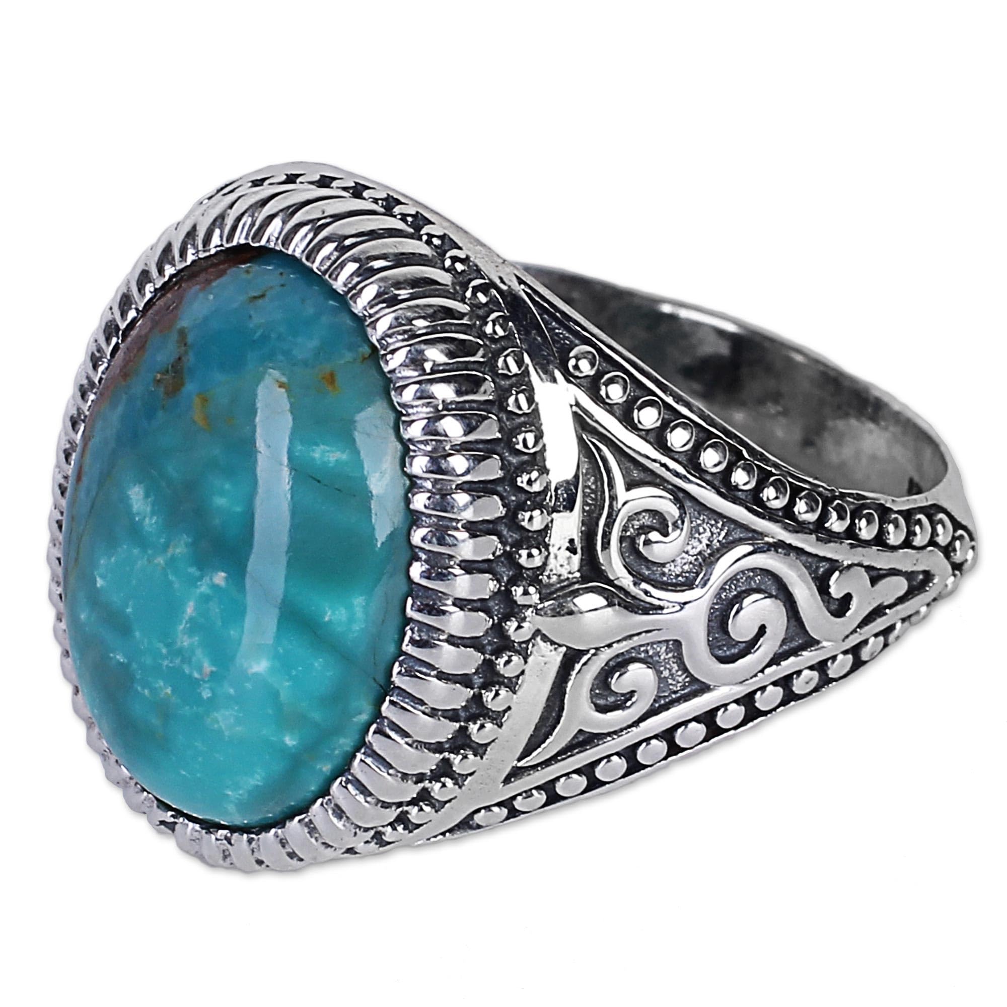 NOVICA Artisan Handmade Sterling Silver Singlestone Ring Cocktail with Reconstituted Turquoise Blue India [crownbezel 0.8 in L x 0.7 in W x 0.3 in H Band Width 4 mm W] ' Radiant Blue Beauty'