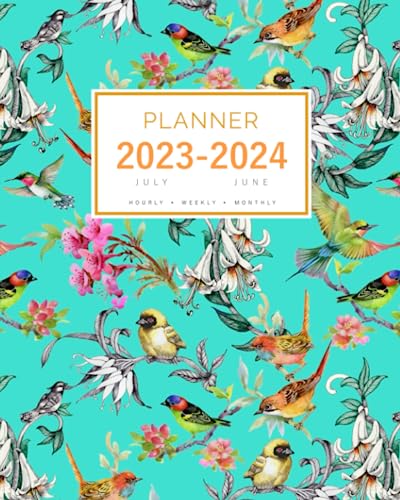Planner July 2023-2024 June: 8x10 Large Notebook Organizer with Hourly Time Slots | Summer Flower Exotic Bird Design Turquoise