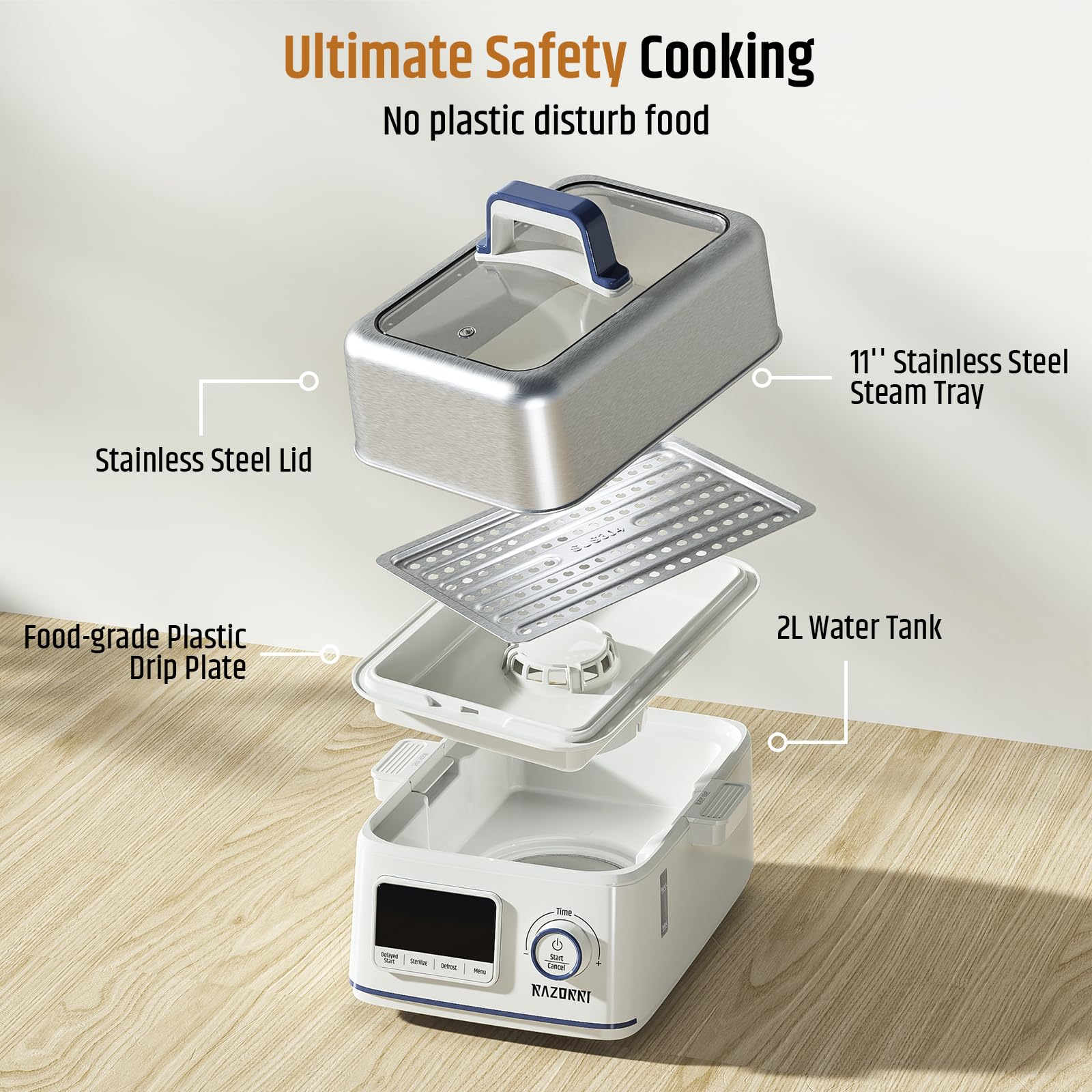 Razorri Electric Food Steamer 5-Quart Stainless Steel with Timer, 24H Delayed Start, Auto Keep Warm, and Large 68 Oz Water Capacity - Ideal for Cooking Healthy Vegetables, Poultry, Fish, Meat and more
