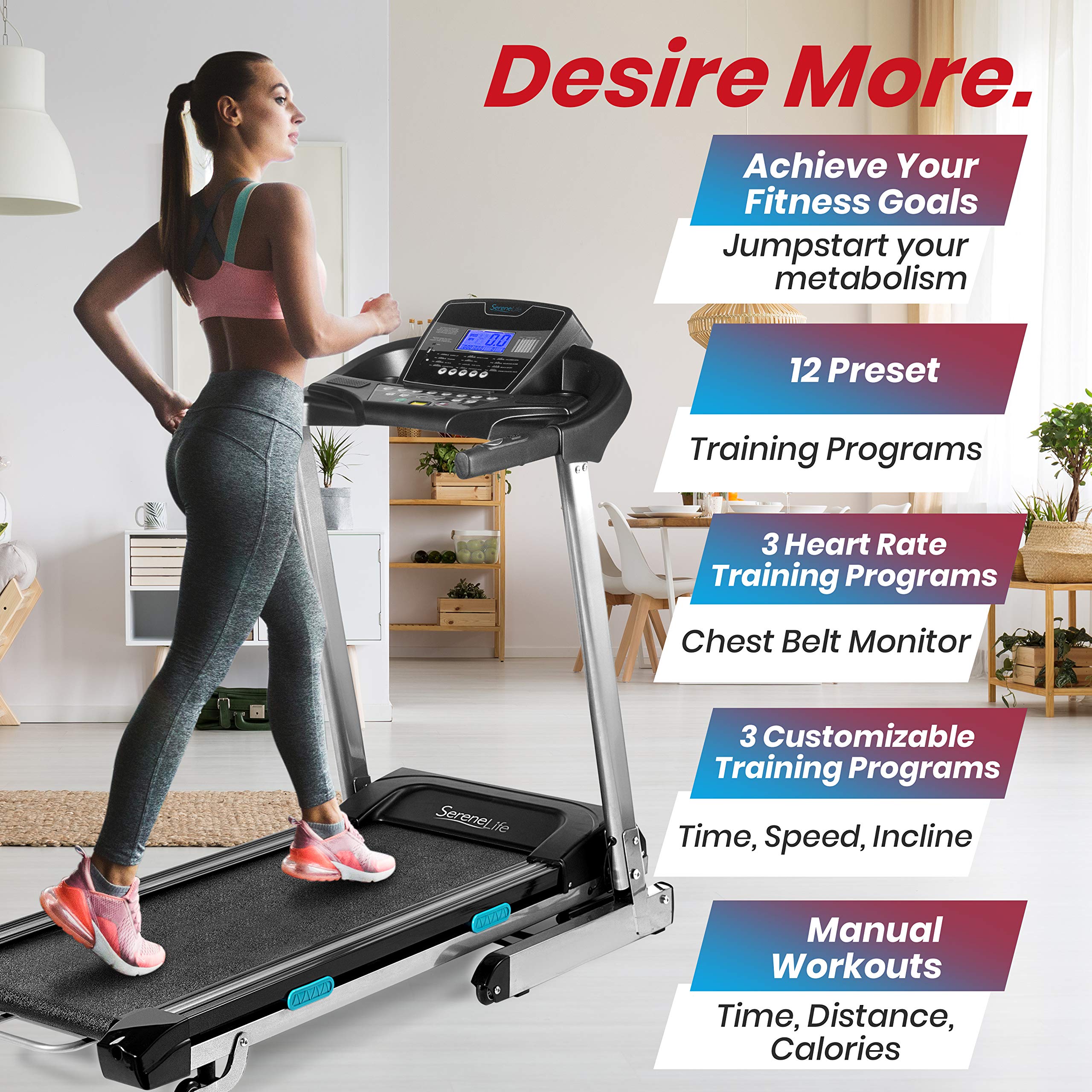 SereneLife Folding Exercise Running Treadmill Machine, Upgraded Electric Motorized Exercise Equipment with 36 Pre-Set Program, 3 Incline Level, Bluetooth Music and App Support for Home Gym or Office