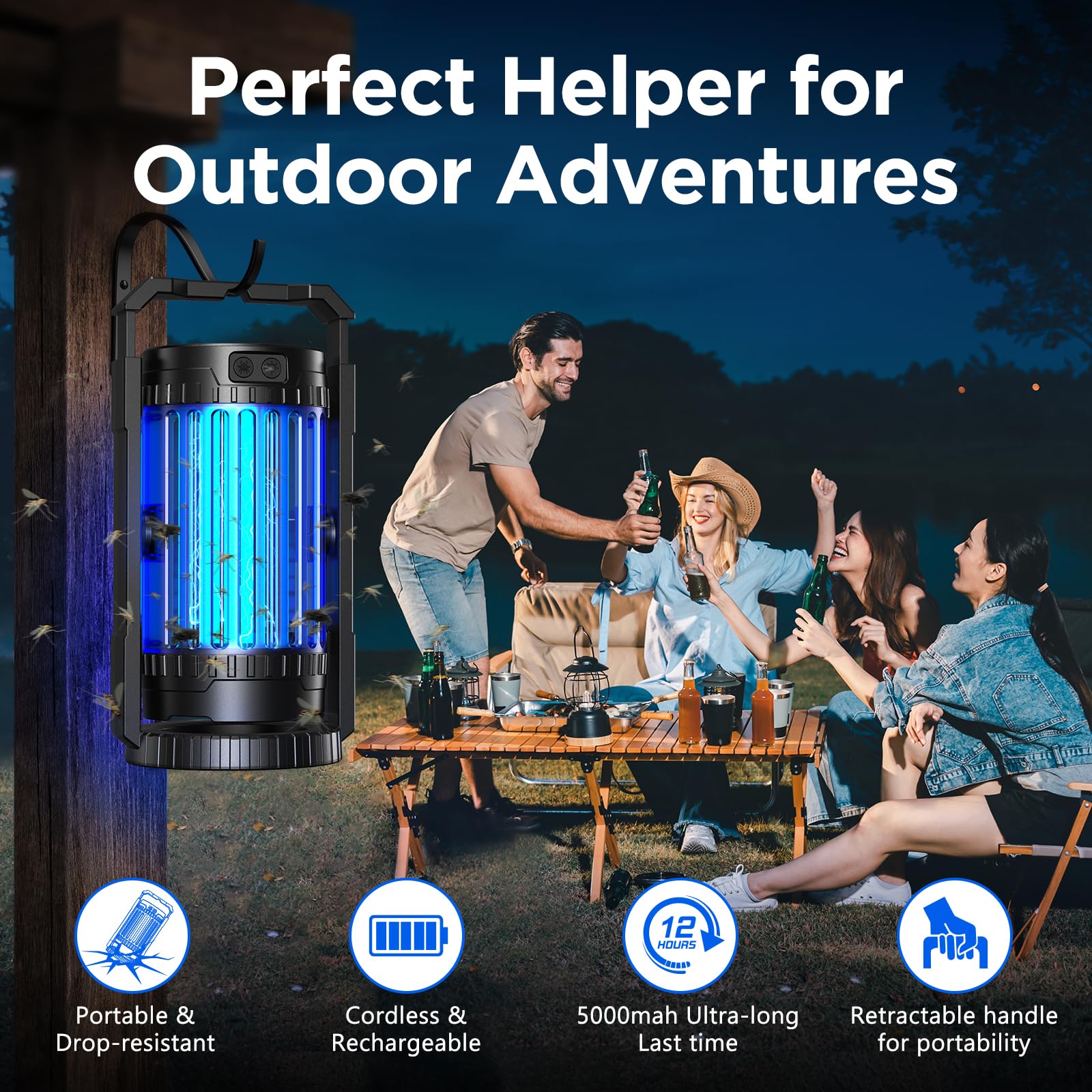 Solar Bug Zapper Outdoor Indoor, Mosquito Zapper with Large-Capacity 5000mAh Battery, 4 in 1 Insect Fly Zapper with Spotlights, Rechargeable & Cordless for Camping, Fishing, Patio, Home Black