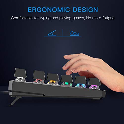 OMOTON Mechanical Gaming Keyboard, Blue Switch Rainbow Backlit Wired Keyboard, 87-Key Anti-Ghosting Tenkeyless Keyboard for PC, Desktop, Gamer Computer, Black