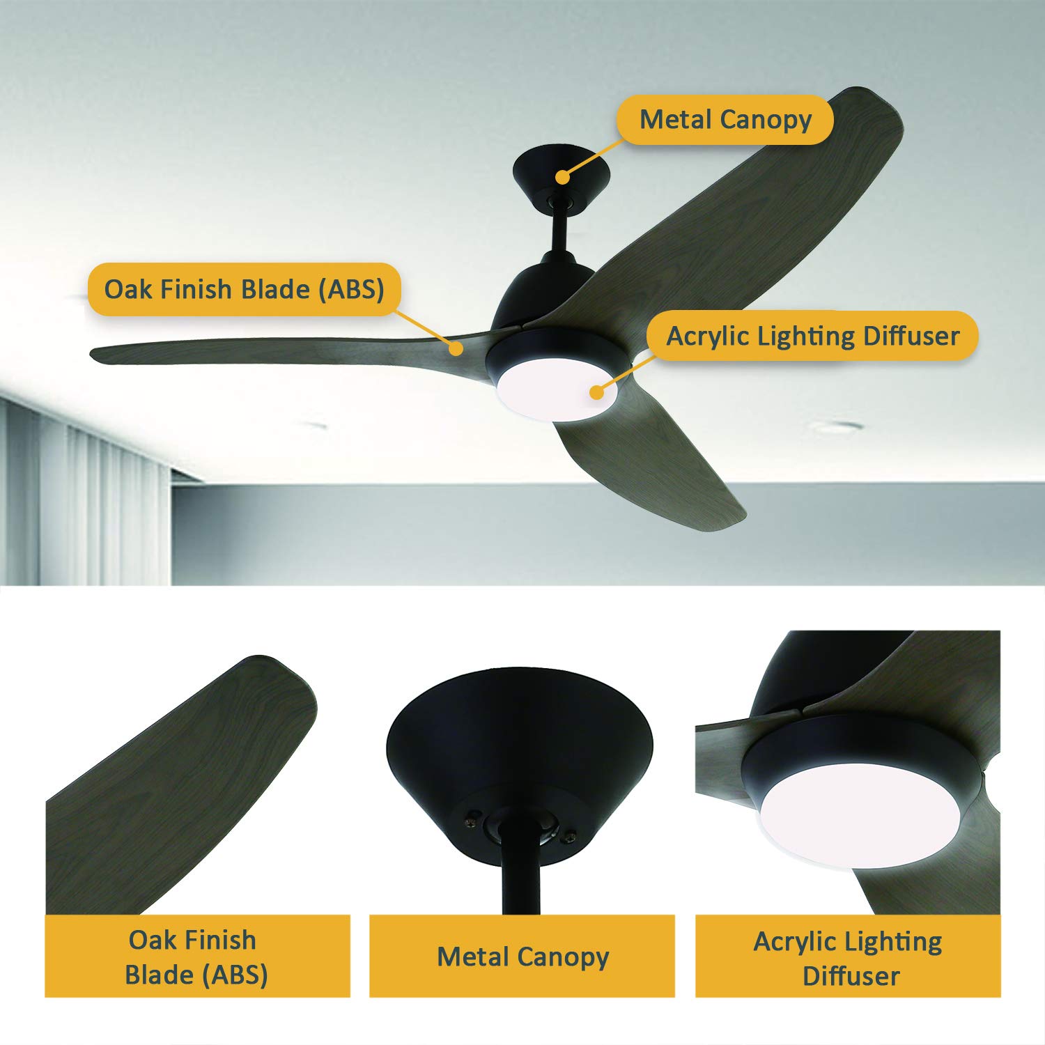 Nocolliny Modern Ceiling Fan 52" with Light, Dimmable LED, Farmhouse Style Propeller 3-Blade with Reversible Motor, Remote Control