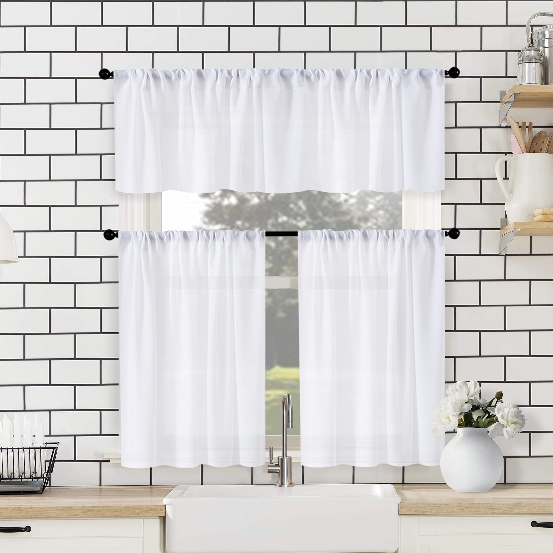 MRTREES Soft Sheer Tier Curtains White Kitchen Tiers 25 x 24 inch Privacy Semi Sheer Cafe Curtains Small Short Bathroom Half Window Curtains Basement 2 Panels Pole Top