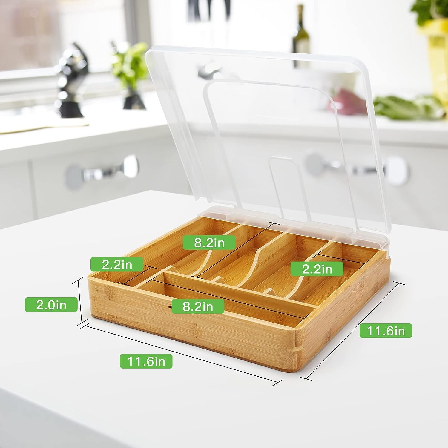 QINOL Silverware Tray with Lid, Utensil Drawer Organizer for Kitchen Countertop, Wooden Flatware Organizers and Storage Holder, Bamboo