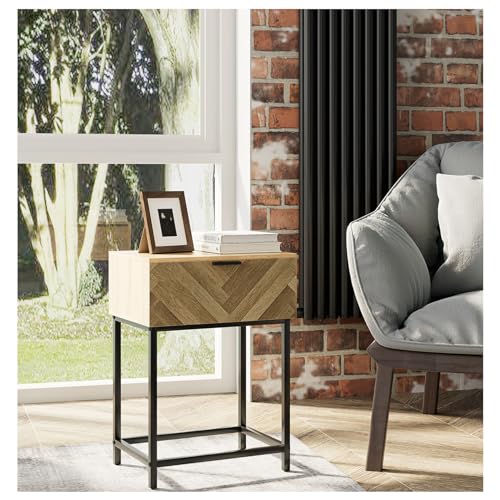 Masupu Nightstand,Bedside Tables with Storage Drawer,Tall Nightstand with Herringbone Pattern,Bedside Furniture,Small Side Table for Small Spaces, Bedroom, Living Room, Rustic Oak