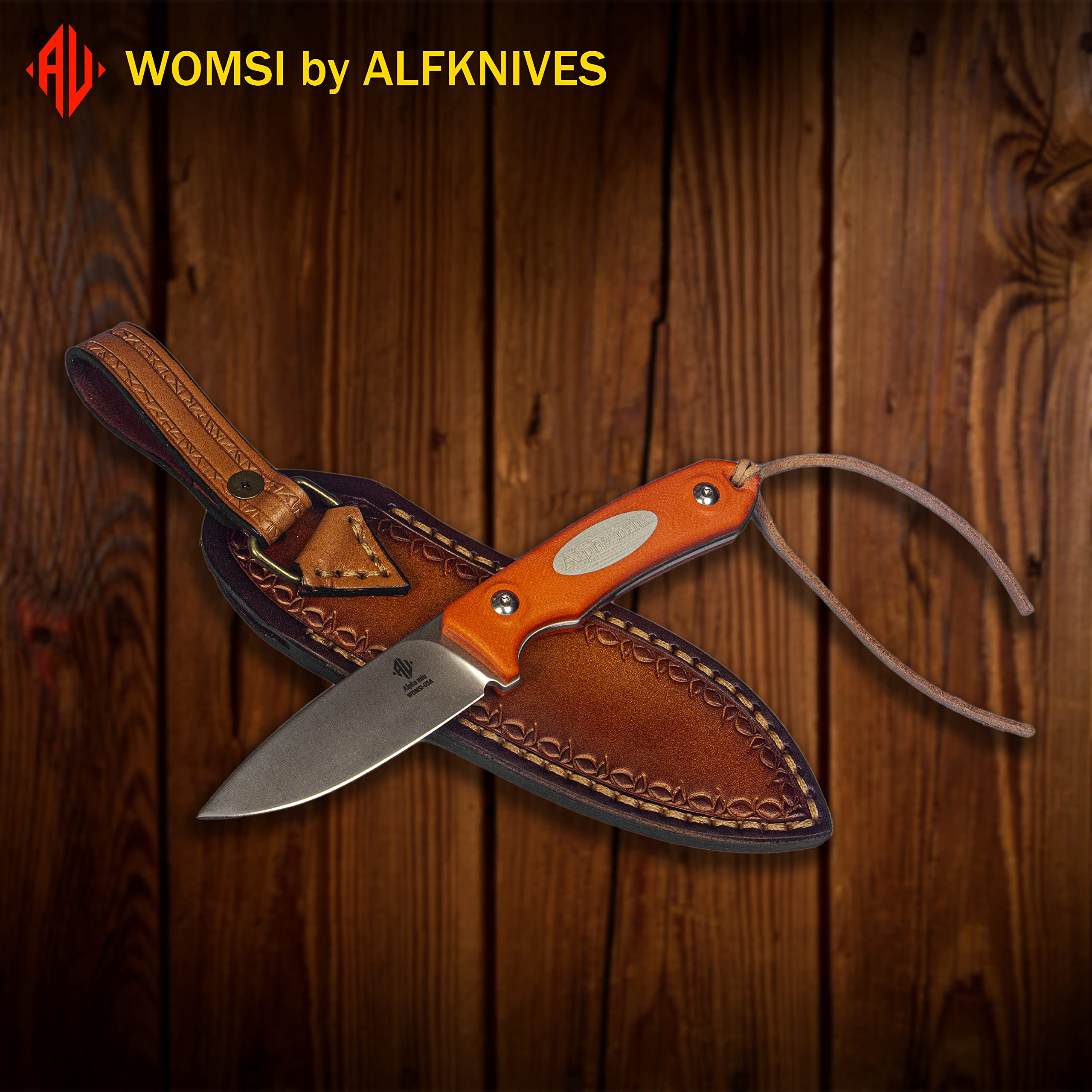 WOMSI Hunting Knife,Full Tang 6.57",DPS15-S Power Steel Blade,Sonorous&durable G10 Handle with Leather Sheath(Orange)