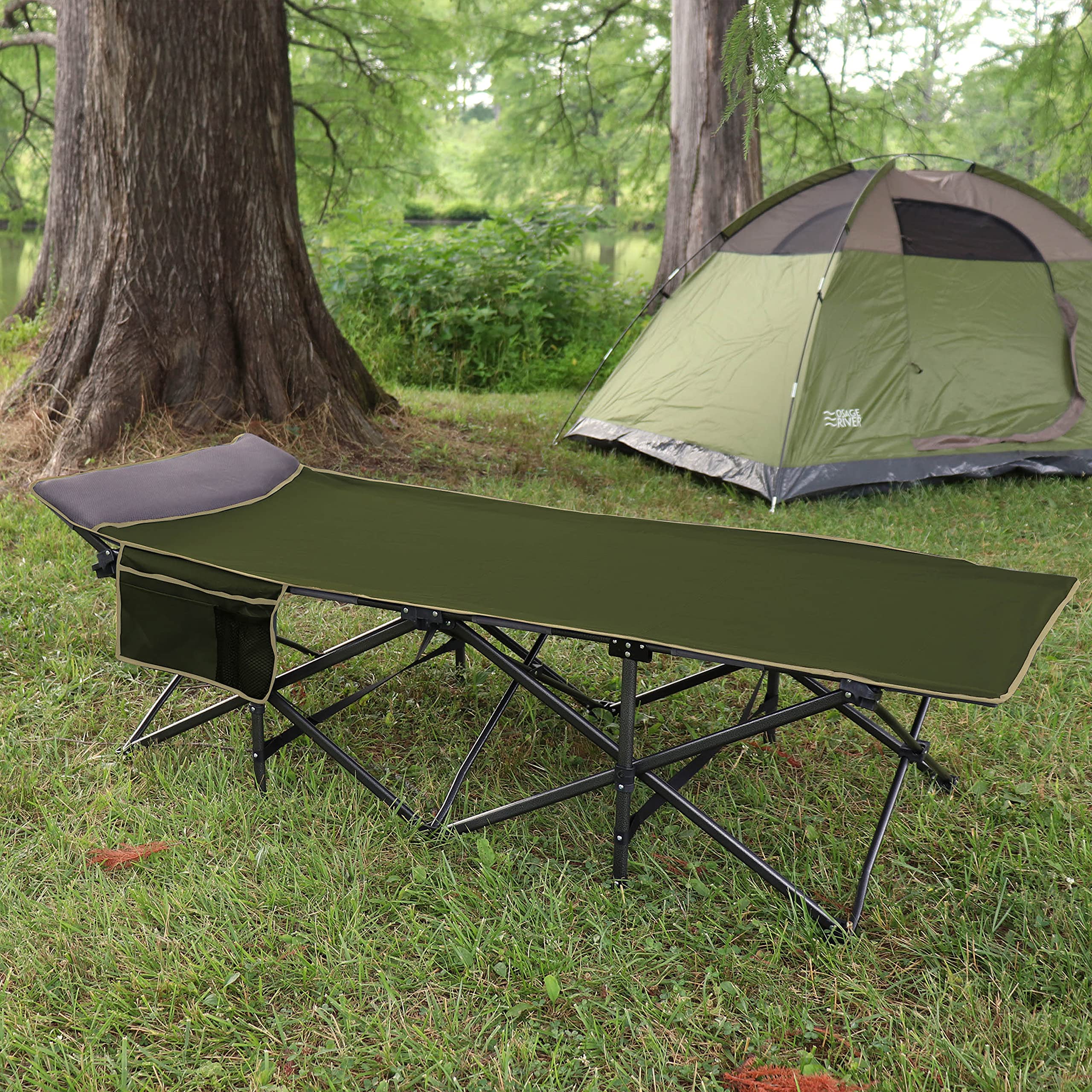 OSAGE RIVER XL Folding Camping Cot with Pocket and Built-in Pillow, Supports up to 440 lbs, Portable Sleeping Bed for Backpacking, Travel, or Camping, Green and Tan