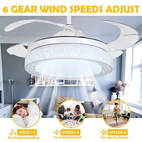 Panghuhu88 42" Invisible Ceiling Fan Chandelier with Light,Modern Crystal Ceiling Fan Light Remote Control 4 Retractable ABS Blades for Bedroom Living Dining Room Decoration