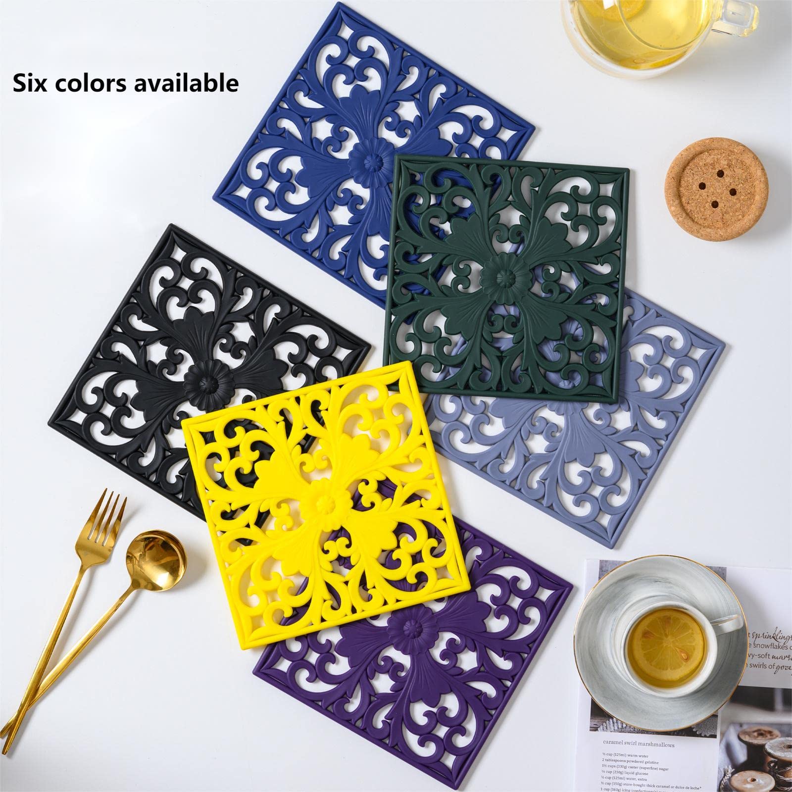 Smithcraft Trivets for Hot Dishes, Pots & Pans, Square Hot Pads for Kitchen, Heat Resistant Mats for Kitchen Counter, Multi Use Silicone Trivet Mat, Flexible Silicone Pot Holders Mats Black Set of 3
