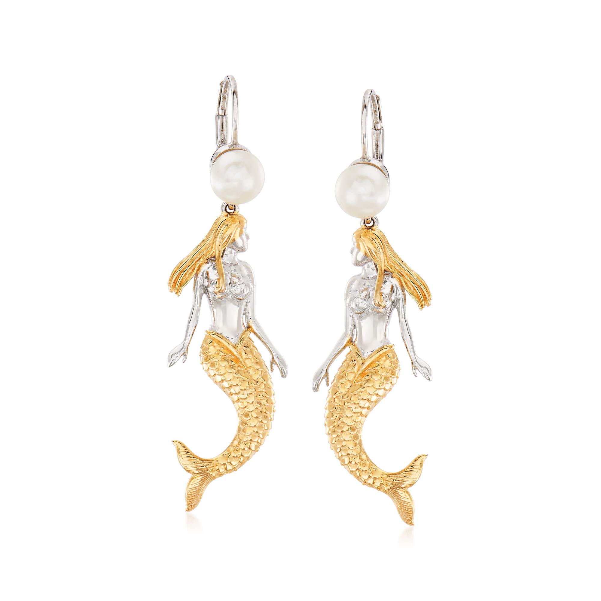 Ross-Simons 6.5-7mm Cultured Pearl Mermaid Drop Earrings in Sterling Silver and 18kt Gold Over Sterling