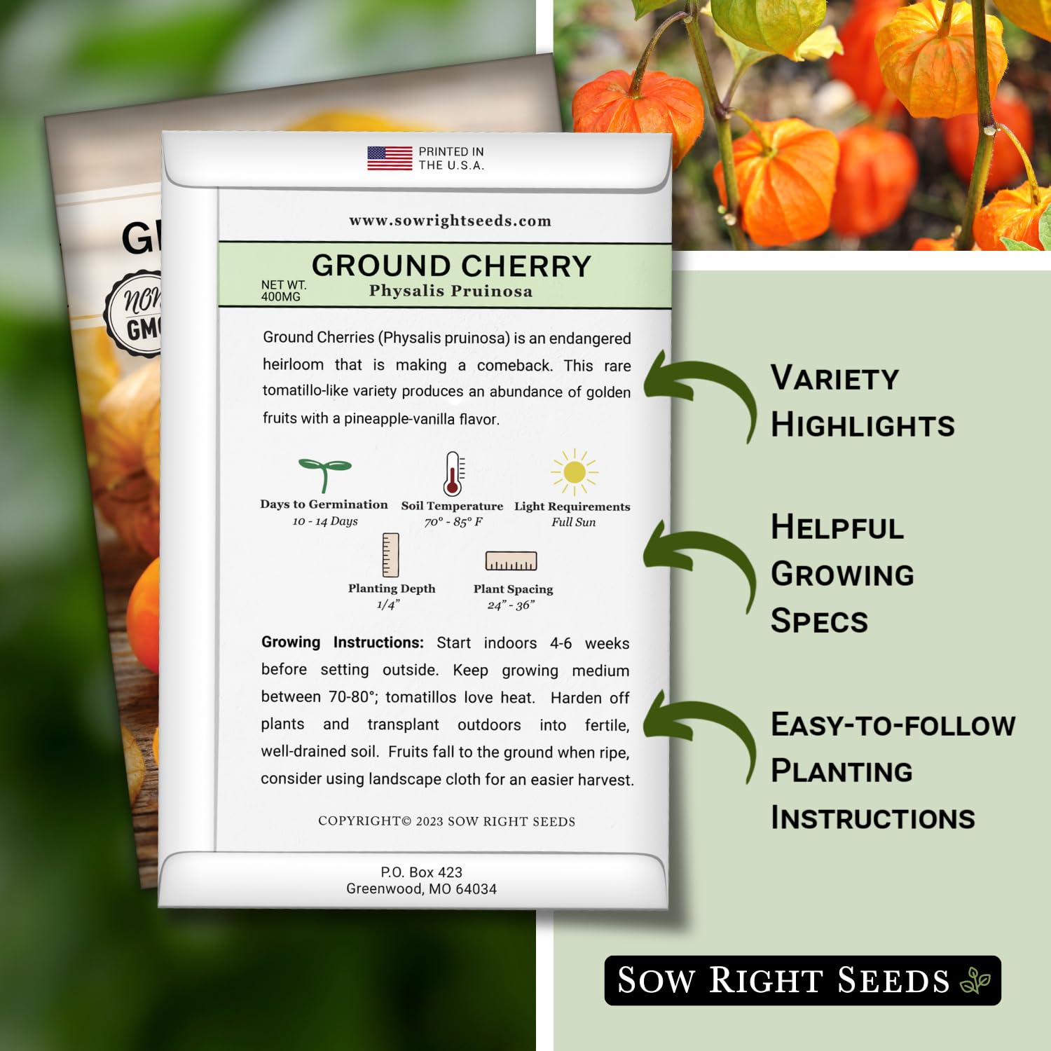 Sow Right Seeds - Ground Cherries Seeds for Planting - Non-GMO Heirloom Packet with Instructions to Plant an Outdoor Home Vegetable Garden - Mexican Husk Tomato - Endangered Variety (1)