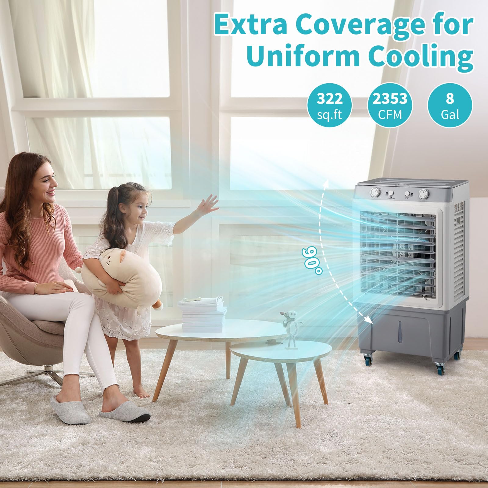 Winado Portable Swamp Cooler w/Wheels, 2353 CFM Evaporative Air Cooler w/ 8 Gallon Water Tank, 3-in-1 Cooling Fan with 3 Speed & Auto Oscillation & 1H Timer for Home & Commercial 80W