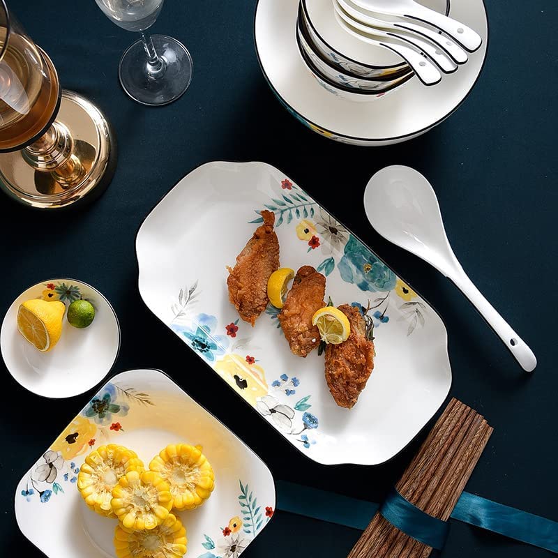 SILINE 29 PCS Dinnerware sets for 6,China Plates Bowls Sushi Dishes,Chopsticks and Spoons,Painted White Porcelain Tableware Set