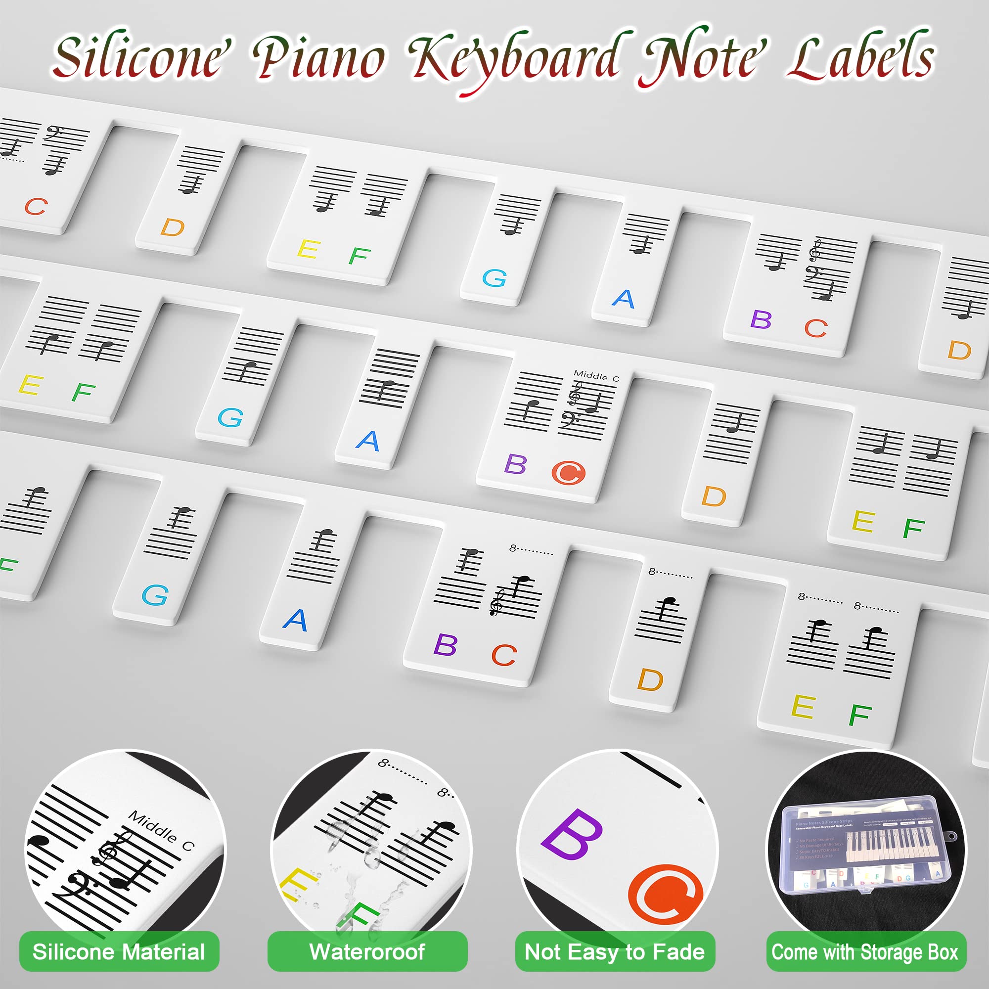 VVAYHUA Piano Notes Guide for Beginners, 88 Keys Removable Piano Keyboard Note Labels, Reusable Silicone Piano Keyboard Stickers for Kids (Colorful)