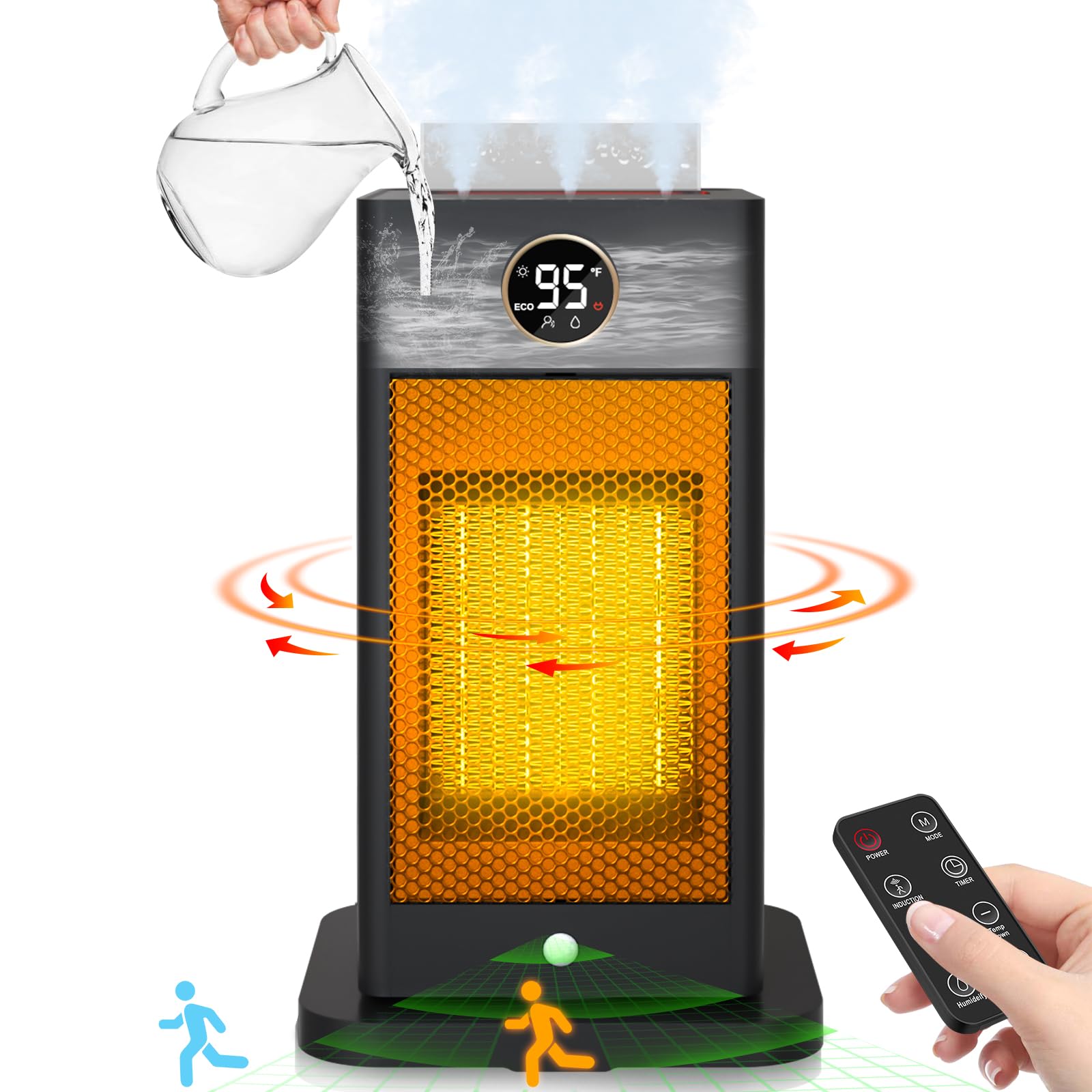 Space Heater with Humidifier, 3-in-1 Space Heaters for Indoor Use with Motion Sensor/3D Flame Effect,1500W Portable Heater for Office/Bedroom/Home/Room/Garage/Electric Heater with Thermostat/Oscillat