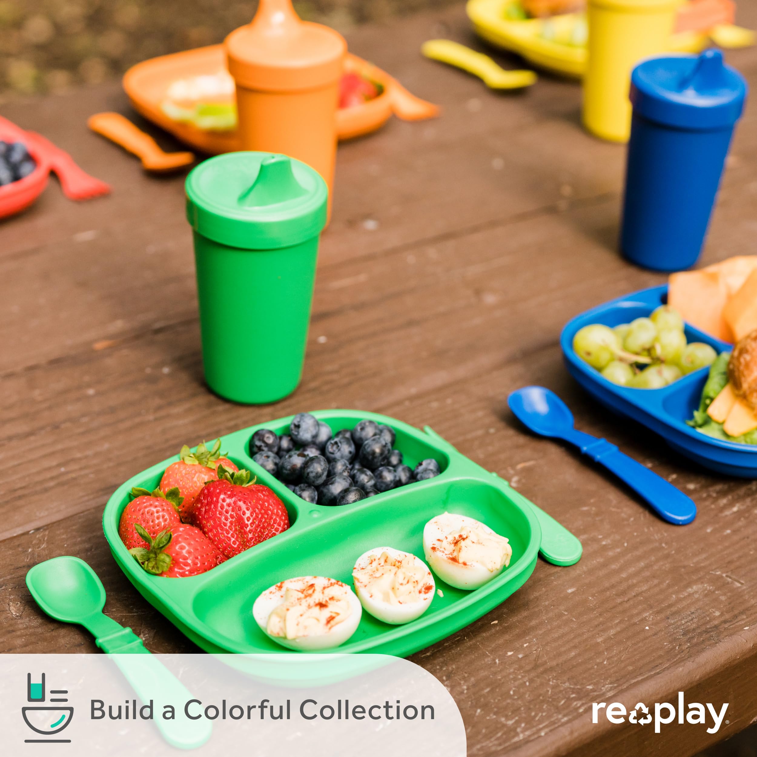 Re-Play Made in USA Deep Walled 3 Compartment Plates, Pack of 6 - Reusable Divided Plates for Kids, Dishwasher and Microwave Safe - Durable Toddler Plates 7.37" x 7.37" x 1.25", Crayon Box