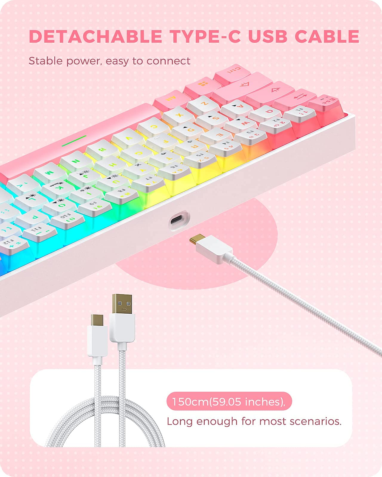 Seenda Pudding Hacker 61 Mechanical Gaming Keyboard, Wired Mini 60% Two-Tone White Pink Keyboard with Customizable RGB Backlit & Fully Programmable Keys, Red Switch and PBT Keycap Mechanical Keyboard