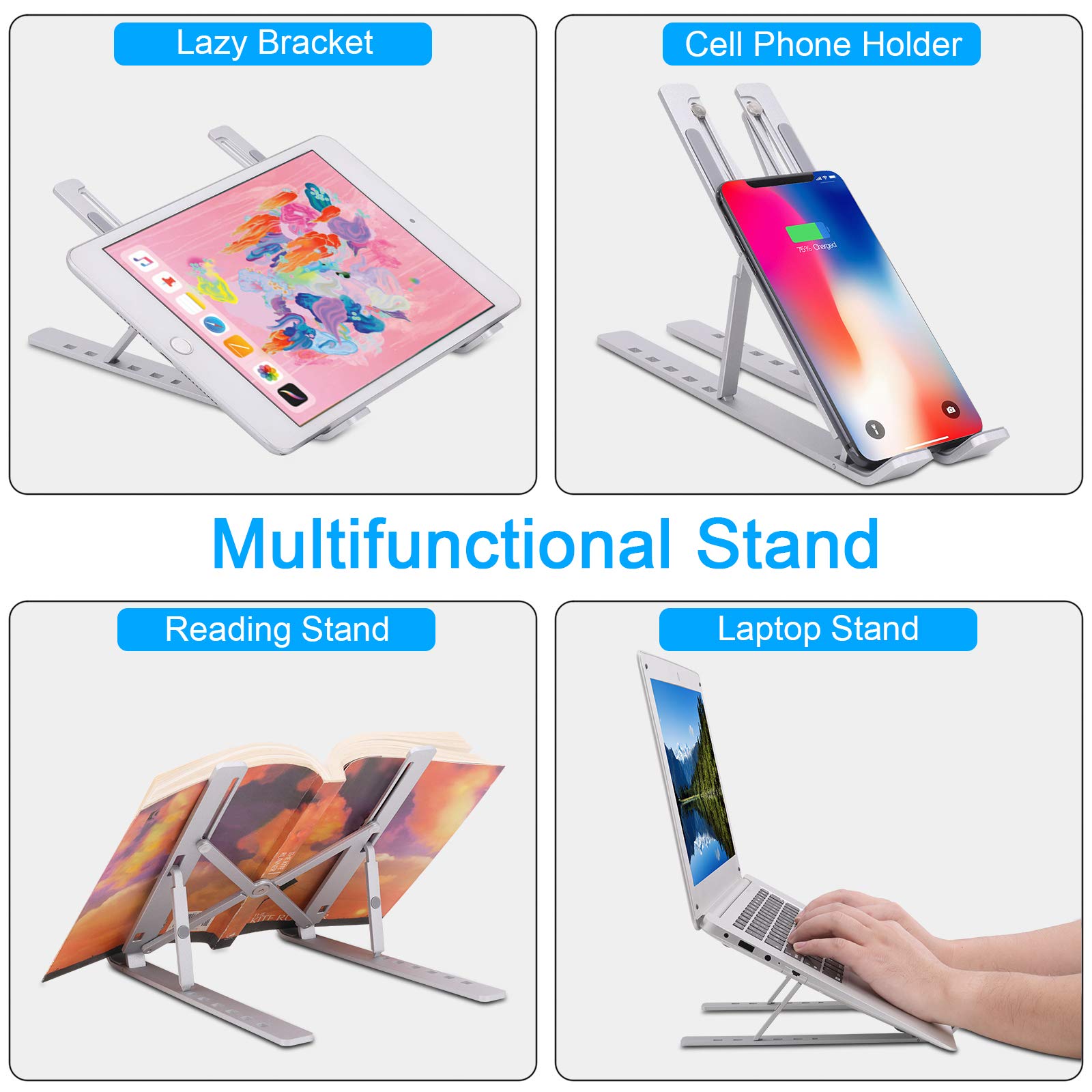 QLKUNLA Laptop Stand, Laptop Holder Riser Computer Tablet Stand, Aluminum 6-Angles Adjustable Foldable Portable Cooling Notebook Stand Mount Compatible with 10-15.6”Laptops