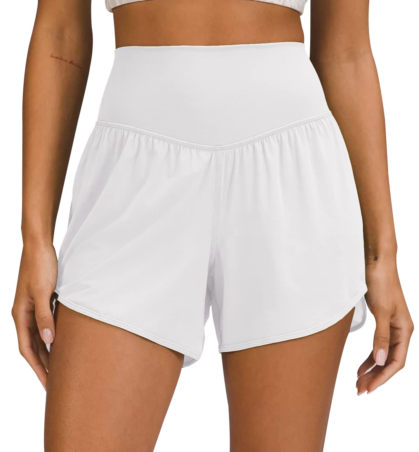 Women's High Waisted Yoga Shorts Mesh Elastic Waist Running Athletic Workout Quick Dry Shorts White