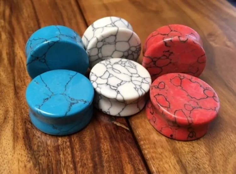 Lobal Domination ALL 3 PAIR Blue & Red Turquoise, White Howlite Stone Plugs Gauges (3/4" (19mm))