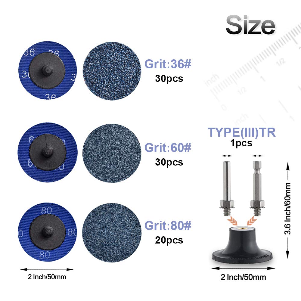 Tshya Roll Lock Disc, 80 Pcs 2 inch Die Grinder Sanding Discs with 1/4" Disc Holder, Zirconia Coated 36/60/80 Grit for Surface Prep