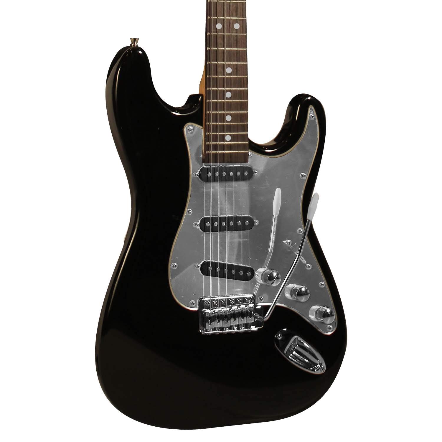 Sawtooth 6 String Electric Guitar Pack, Black with Chrome Pickguard, Right Handed (ST-ES-BKC-TRAVEL)