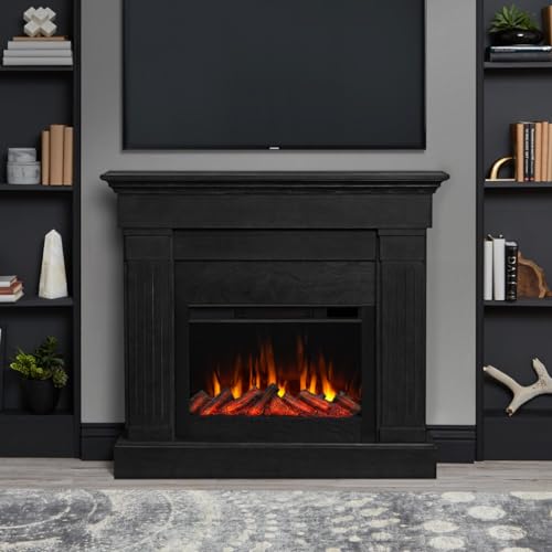 Real Flame Crawford Slim Indoor Electric Fireplace, Black, Free-Standing with Real Wood Mantel Finish - 6 Flame Colors, Adjustable Thermostat, 120V, 1400W, 5100 BTUs