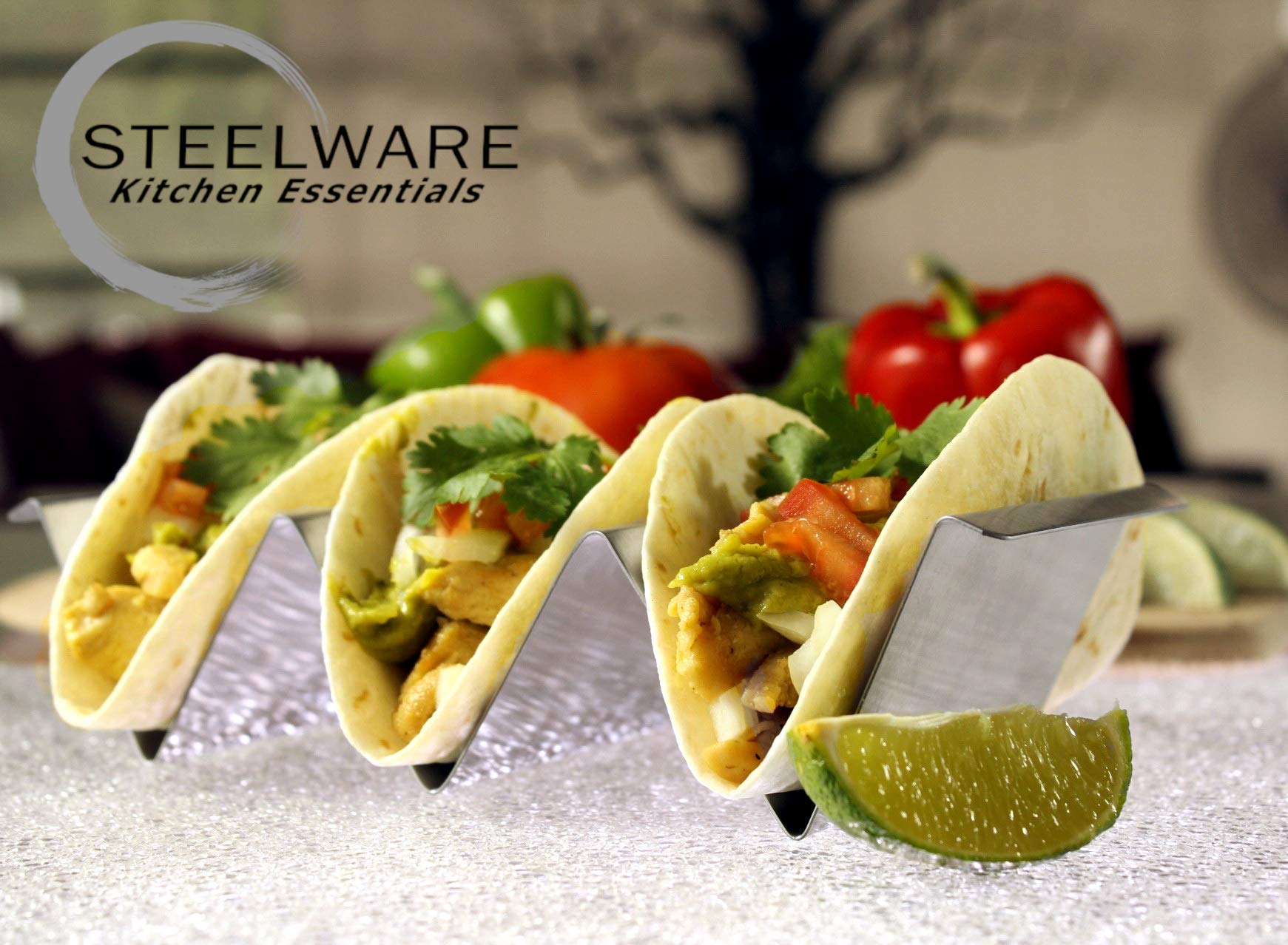 Stainless Steel Taco Holder Stand Set of 4 | Holds 3 Tacos Each | Oven, Dishwasher and Grill Safe.