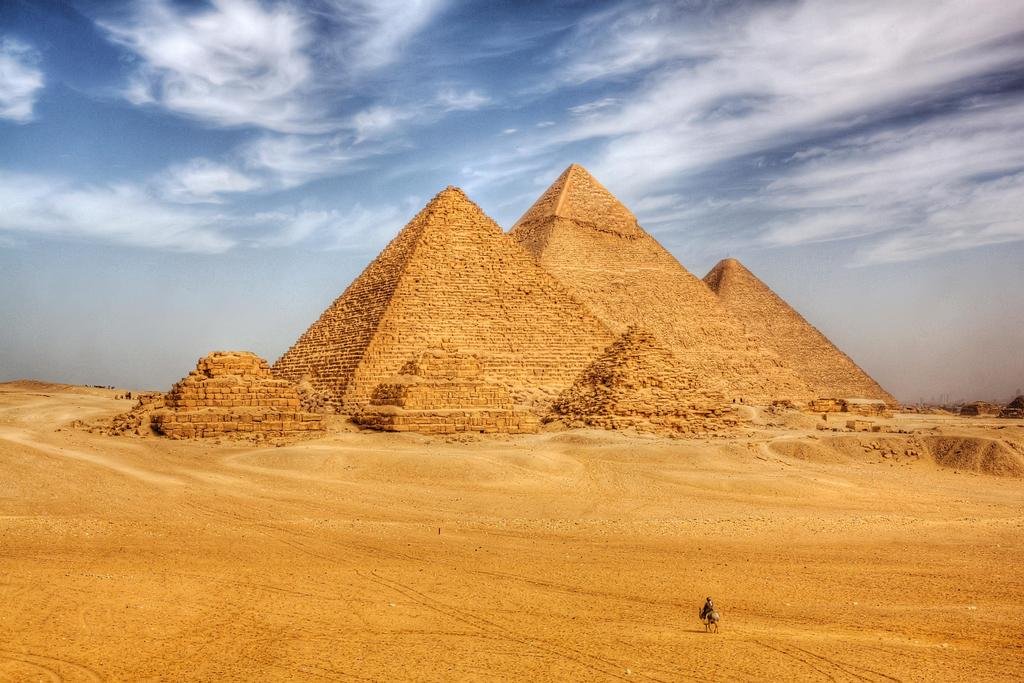Man on Camel Riding Towards Egyptian Pyramids Photo Photograph Cool Wall Art Print Poster 36x24