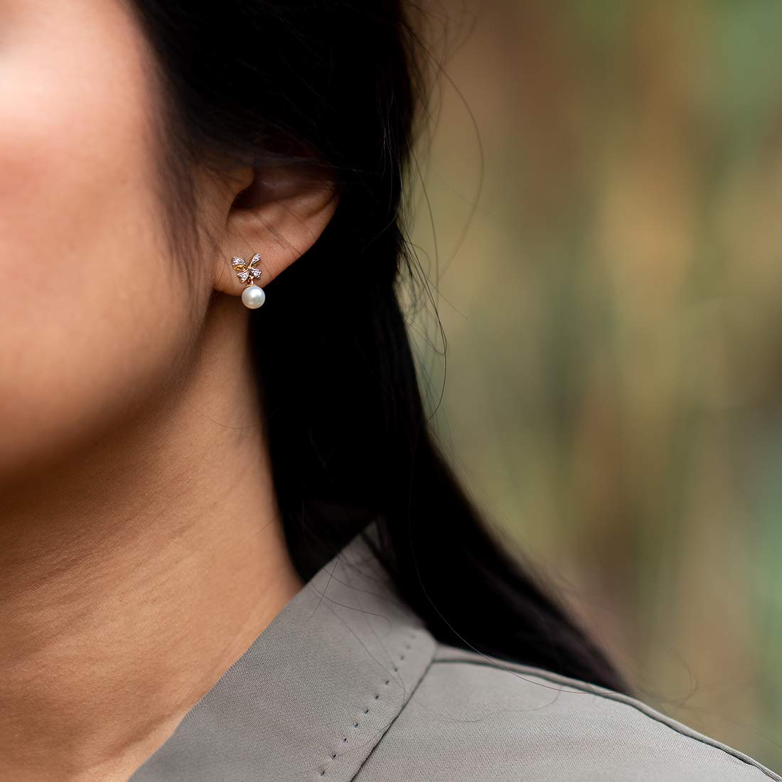 Peora Freshwater Cultured White Pearl Drop Earrings in 14K Yellow Gold, Round Shape, 5mm Pretty Bow Dangle Design, Friction Backs