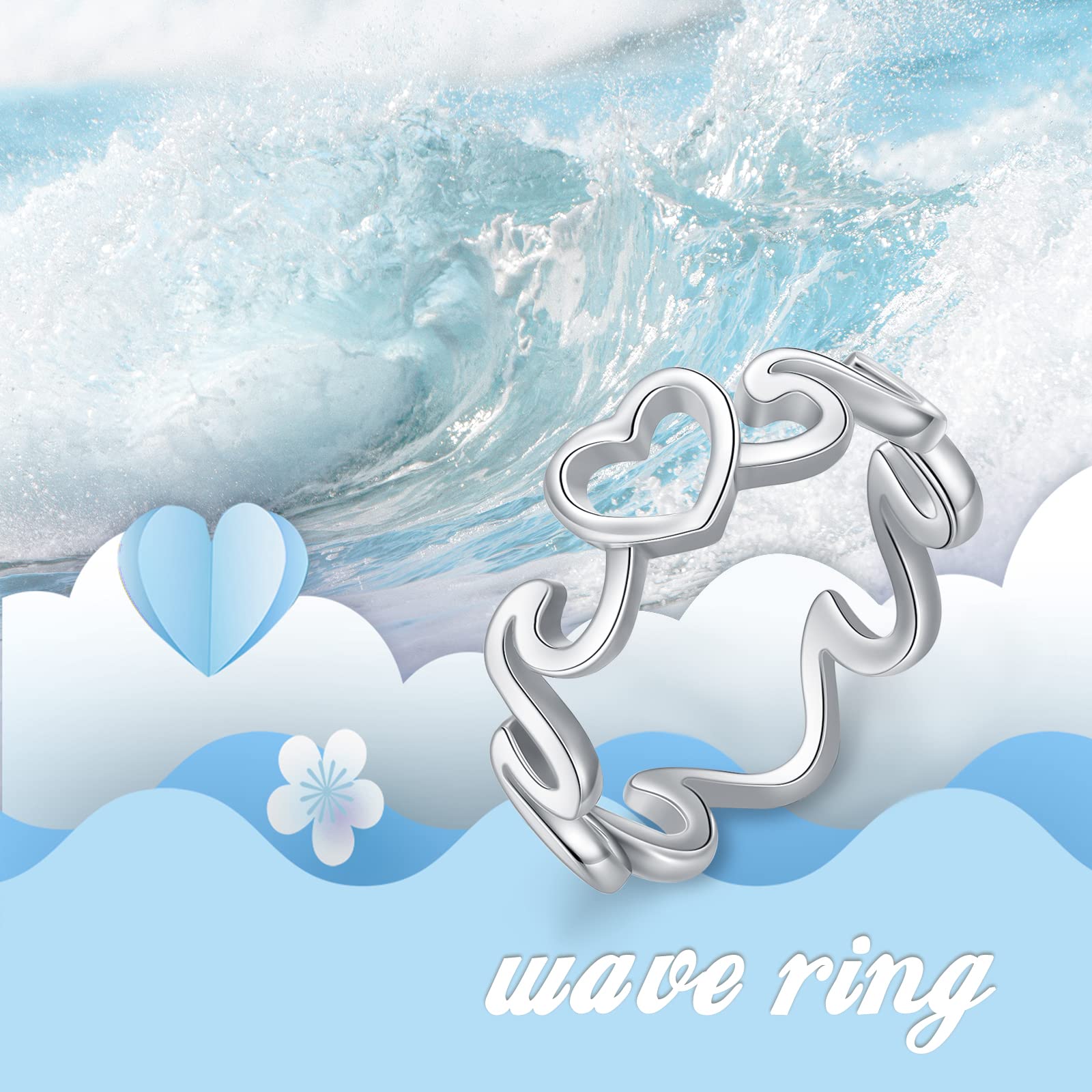 PROESS Wave Love Ring Sterling Silver Beach Ocean Rings for Women Teen Girls,size7/8/9 (size 9)