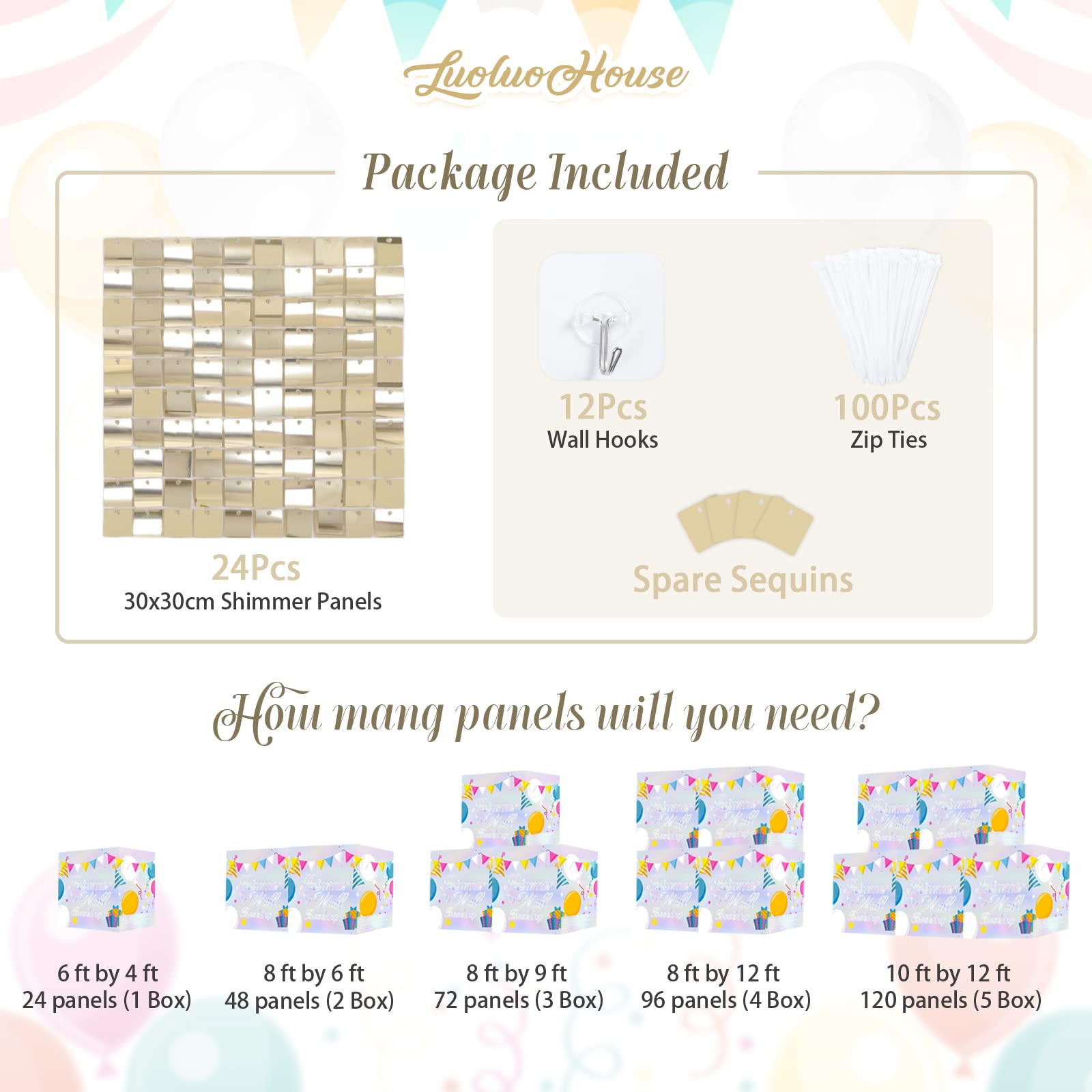 Shimmer Wall Backdrop Shimmer Wall Panels Light Gold Glitter Photo Background Backdrops for Birthday Decorations Anniversary Wedding Engagement,Pack of 24