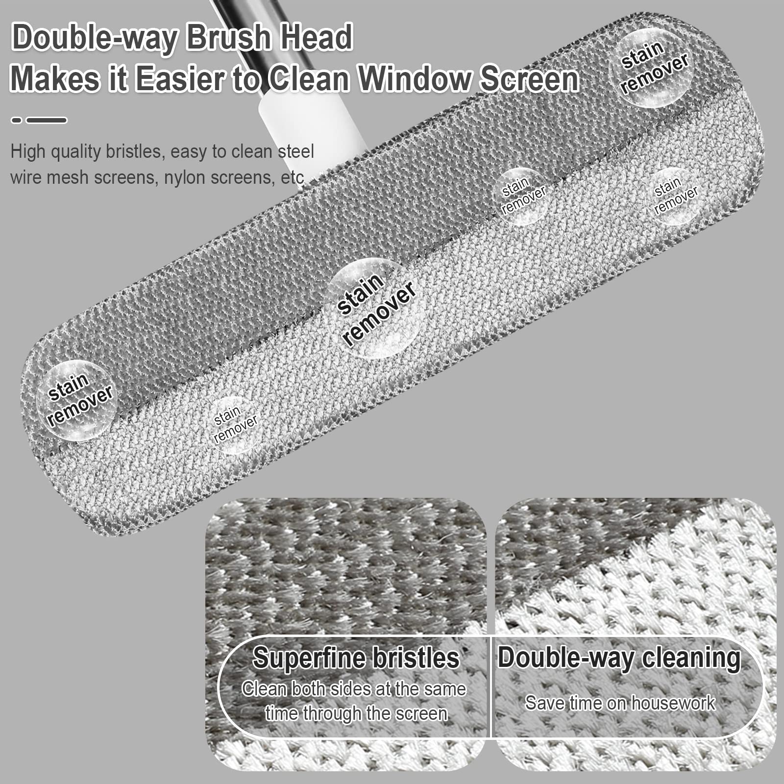 Window Mesh Screen Cleaning Brush - Household Window Cleaner Tool - Multi Brush for Window Screen - Long Handle Window Screen Cleaner Brush for Screen Door, Screened-in Porch, etc