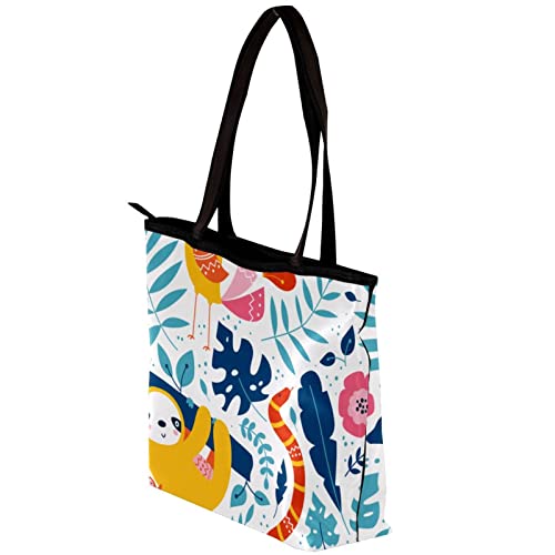 Women's Large Size Canvas Shoulder Bag Hobo Crossbody Handbag Casual Tote, Cartoon Sloth Parrot