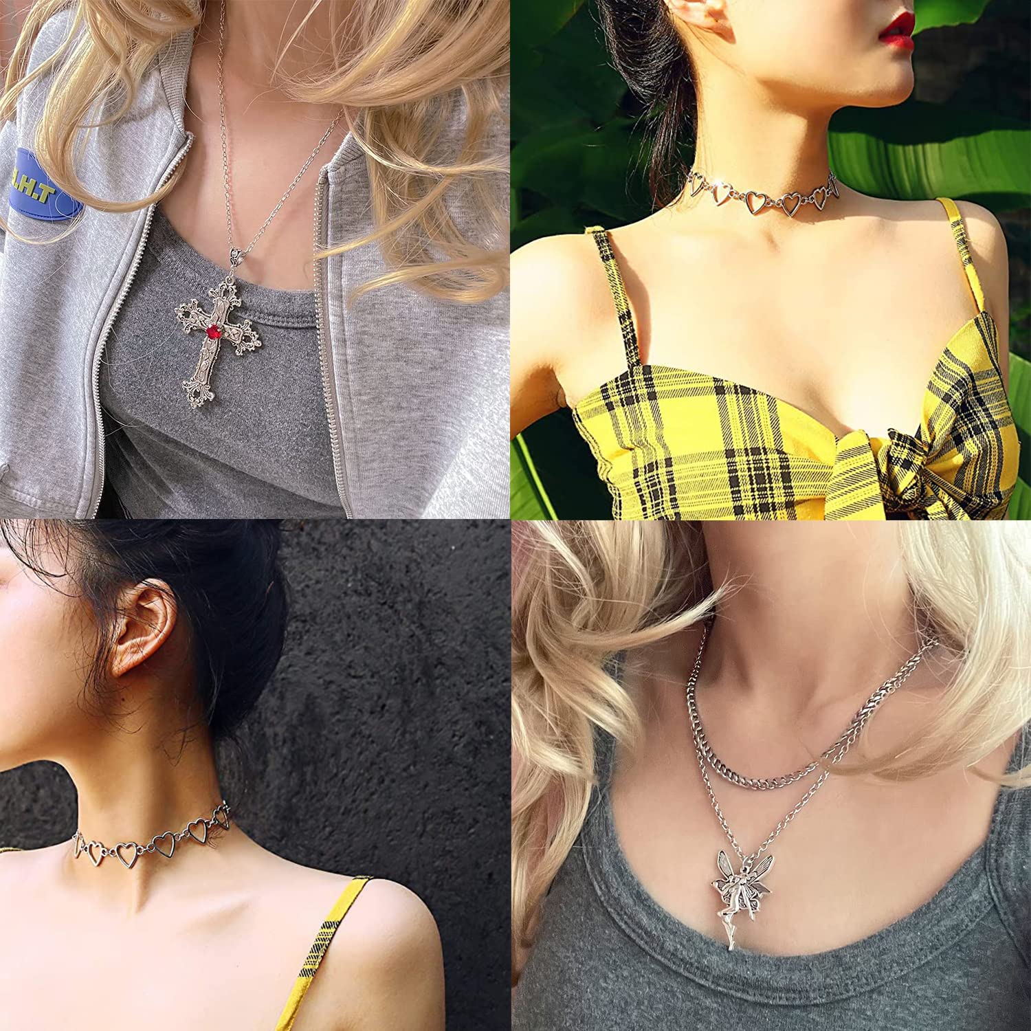 Lock Chain Necklace, Egirl Chains, Statement Lock Key Pendant Necklace Silver Set Eboy Long Multilayer Chains Punk Choker 2 Set(5 layer)